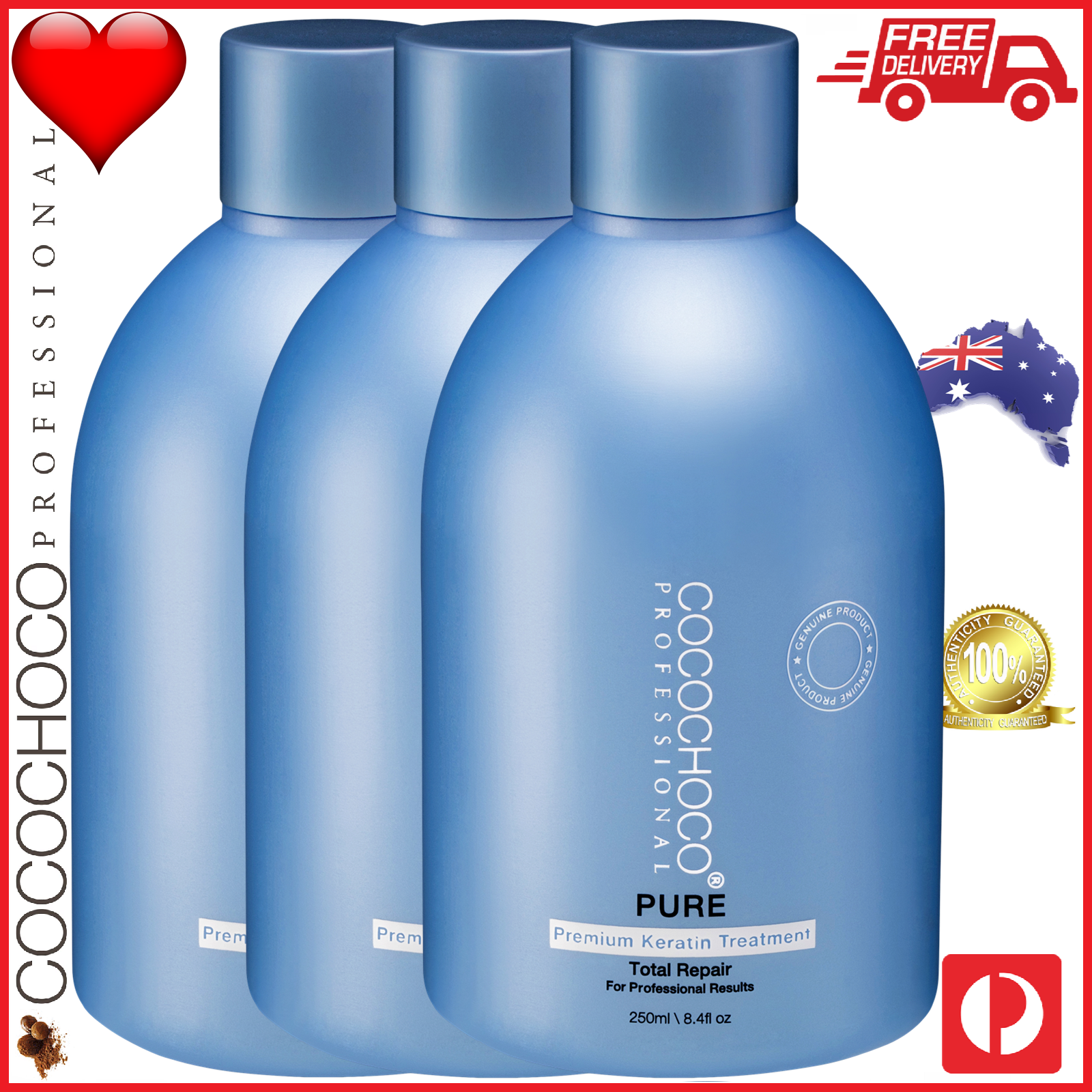 COCOCHOCO Professional PURE 250ml x 3 Brazilian Keratin Treatment Bu ...